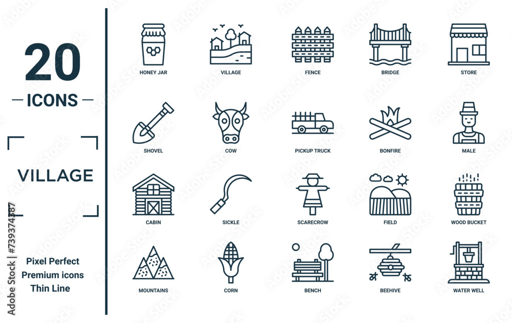 village linear icon set. includes thin line honey jar, shovel, cabin ...