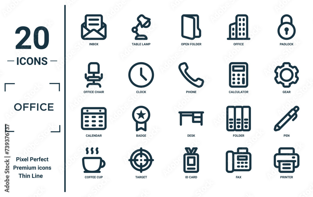 office linear icon set. includes thin line inbox, office chair ...