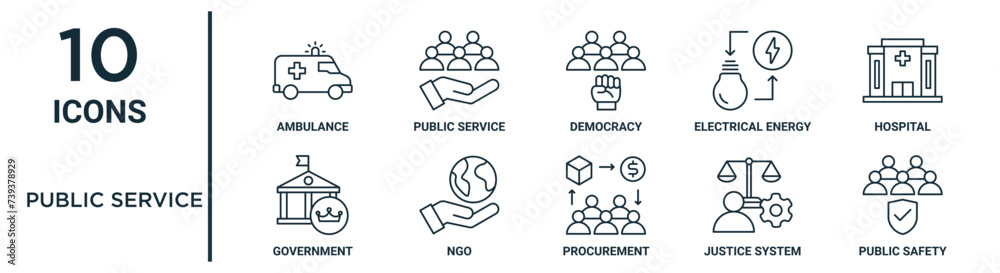 public service outline icon set such as thin line ambulance, democracy ...