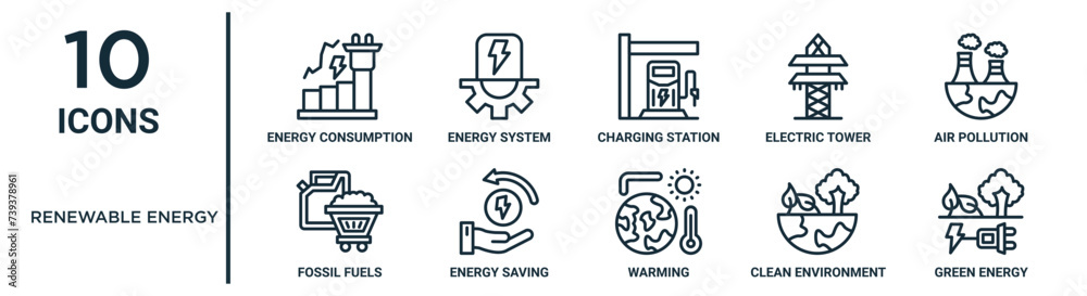 Vetor de renewable energy outline icon set such as thin line energy ...
