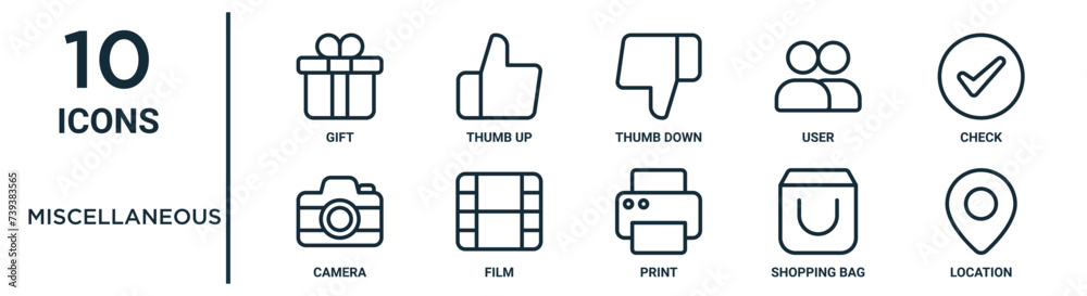 miscellaneous outline icon set such as thin line gift, thumb down ...