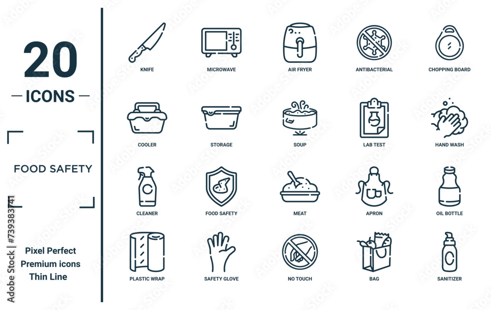 food safety linear icon set. includes thin line knife, cooler, cleaner ...