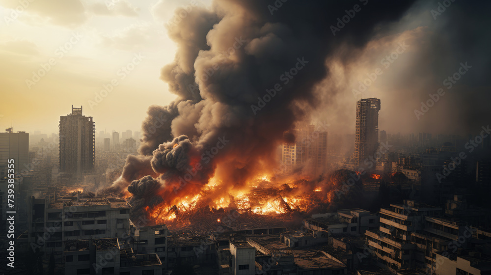 Urban disaster with massive fire engulfing buildings in a cityscape ...