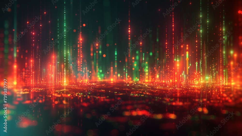 Abstract Financial Data Visualization With Glowing Lines And Graph Like Rising And Falling Bars