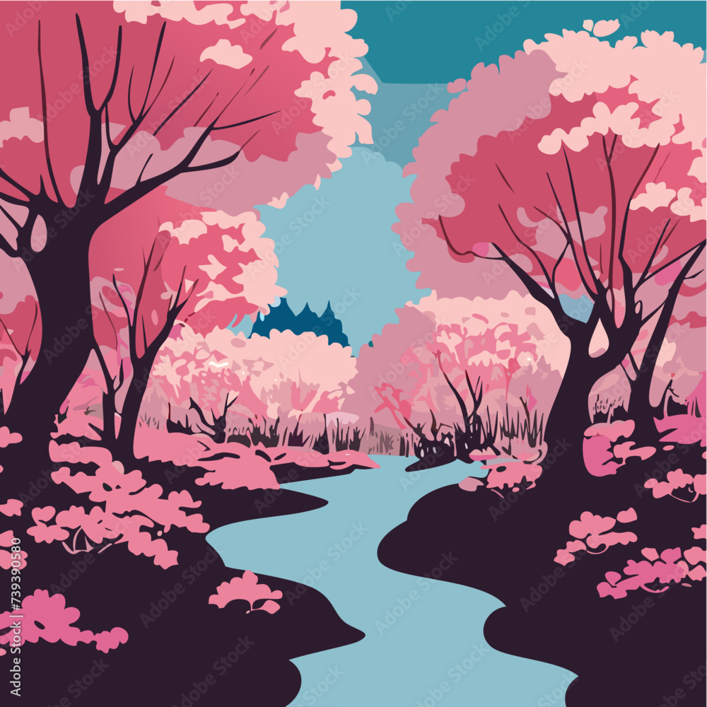 sakura forest vector illustration of a pastel spring scenic landscape ...