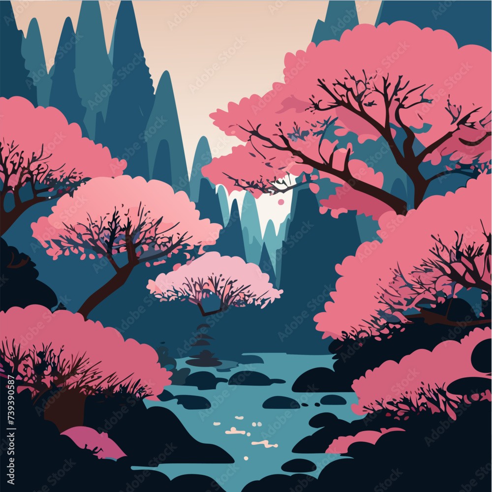 sakura forest vector illustration of a pastel spring scenic landscape ...