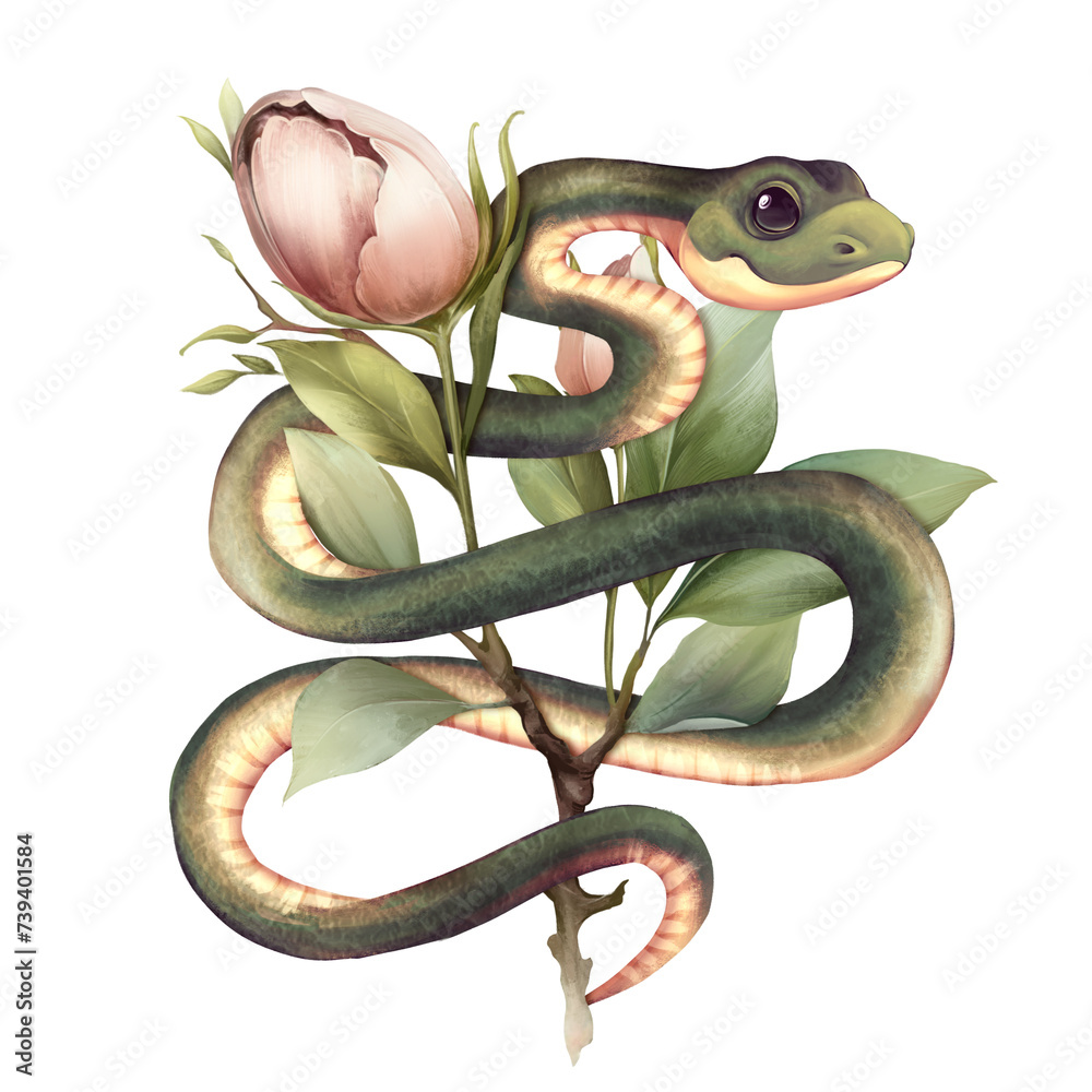 Twisted Snake and flower. Serpent with flowers and leaves. Floral ...