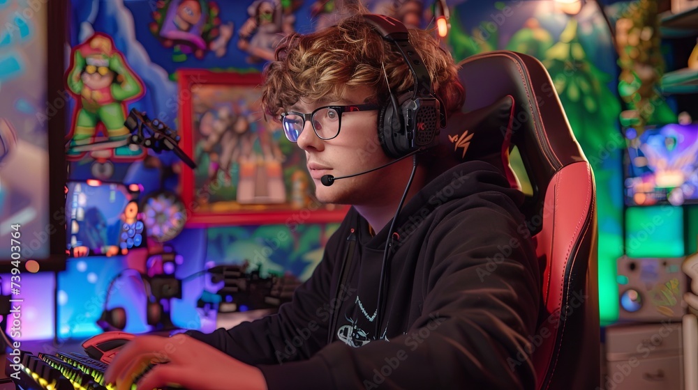 A young gamer with curly hair and glasses is focused on his game in a ...