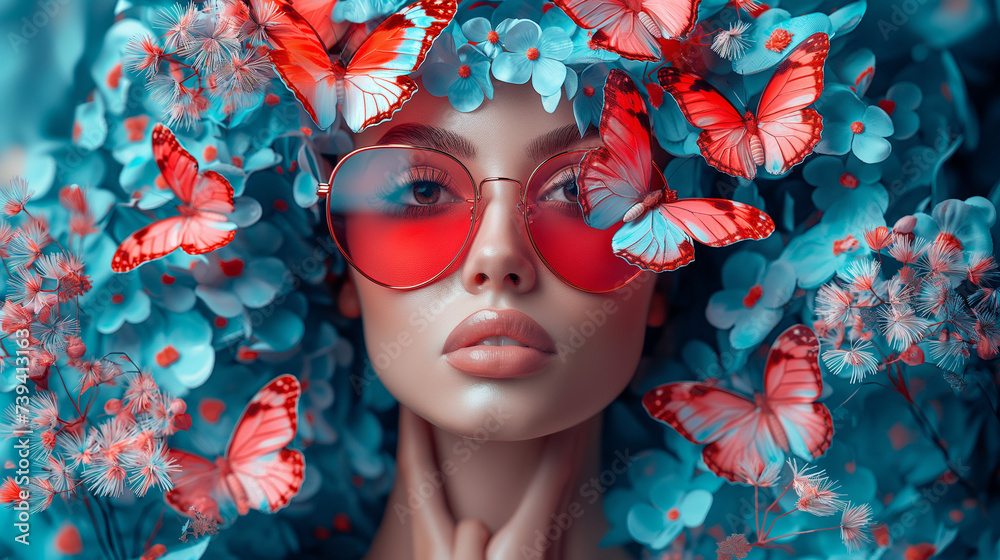 Fashion model with dramatic makeup, including red lips and colorful ...