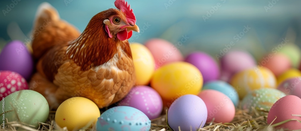 Beautiful chicken surrounded by a nest of fresh eggs in a rustic farm ...