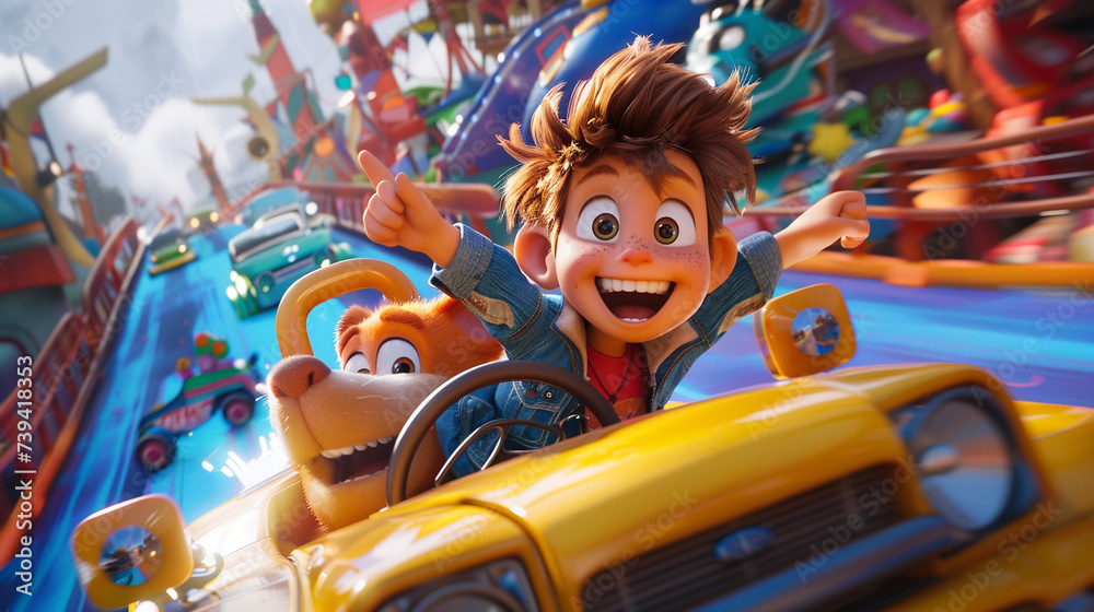 A vibrant scene where a cartoon character drives a car cheering as an ...