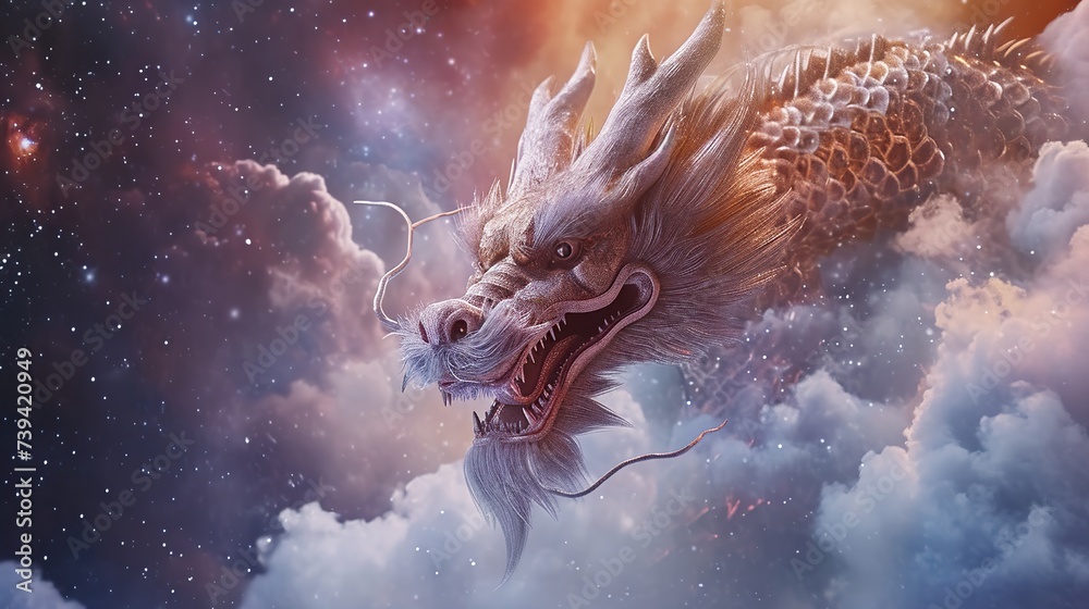 A celestial dragon gazes through the cosmos, crafted in a digital art ...