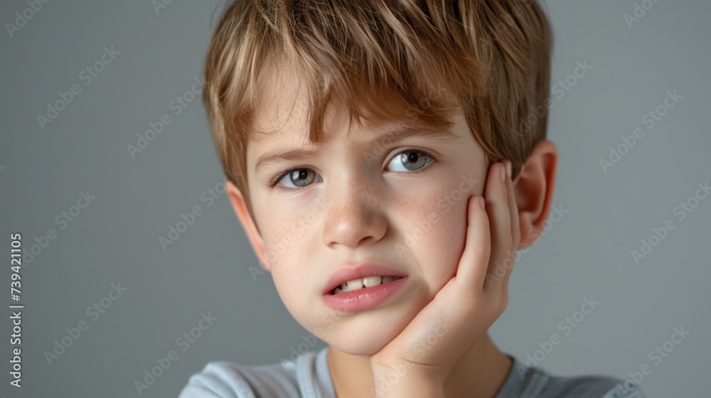 little boy presses hand to cheek, suffers from pain in tooth isolated ...