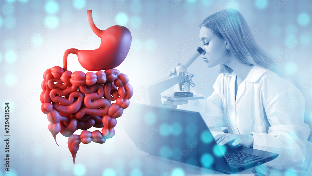 Gastrointestinal tract. Woman doctor with microscope. Doctor studies ...