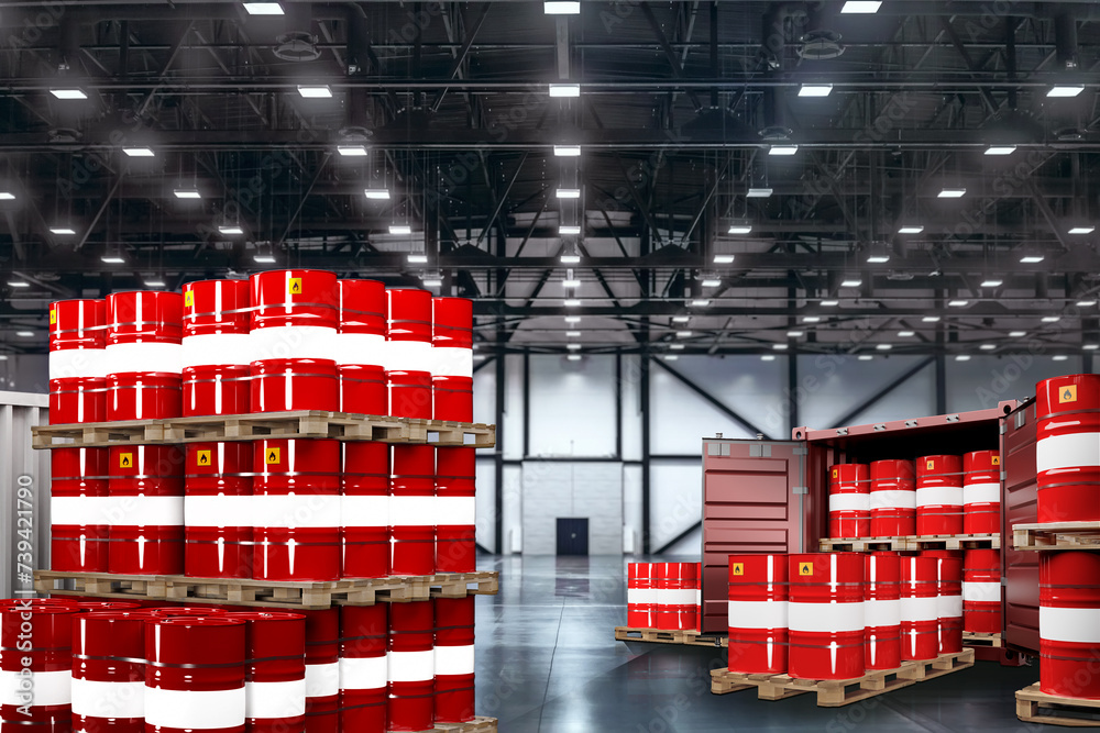 Oil barrels in industrial hangar. Chemical products warehouse ...