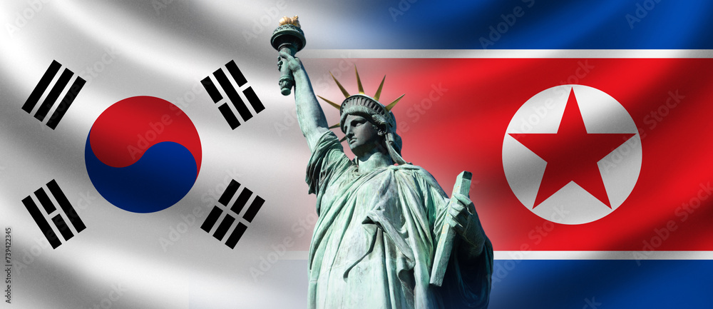 Flags of north and south Korea. Statue of liberty. Metaphor of USA ...