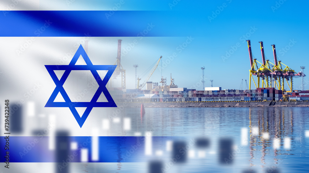 Israel seaport. Cargo harbor for loading ships. State symbol of Israel ...