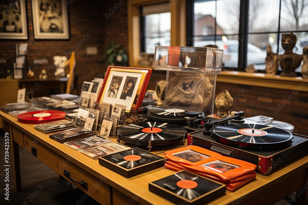 Cozy record shop interior with vinyls and turntables on display near ...