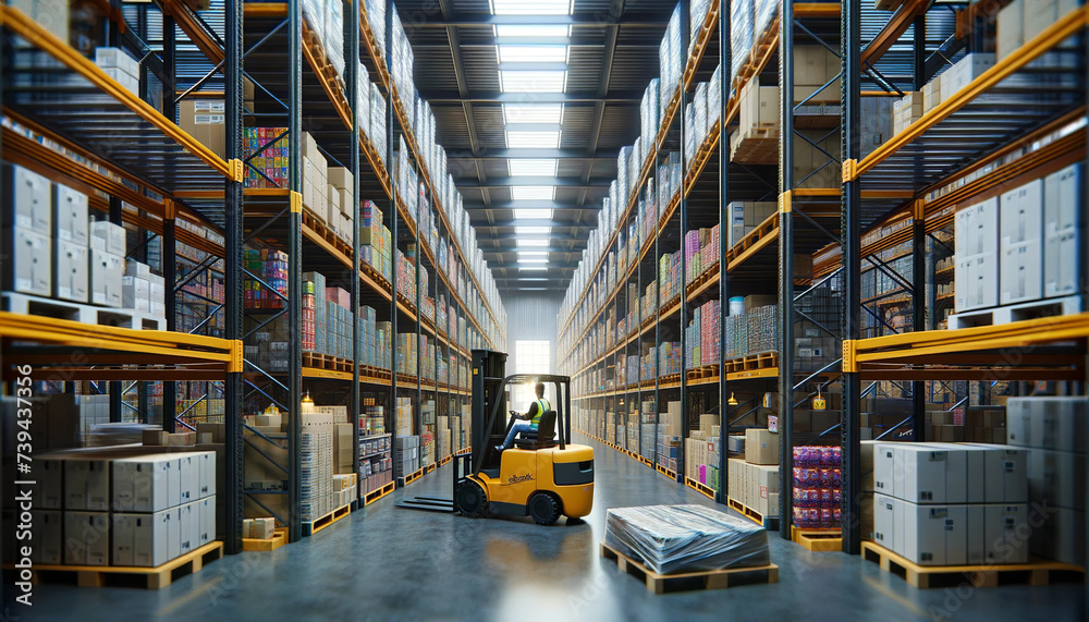 An expansive warehouse interior with high shelves stocked with goods ...