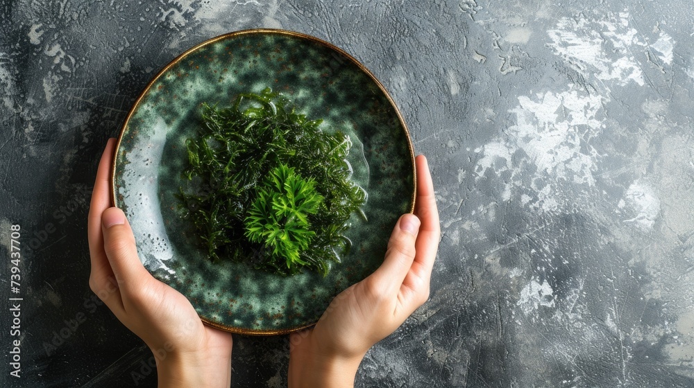 Plate with green edible seaweed salad. Sea veggies. Edible algae ...