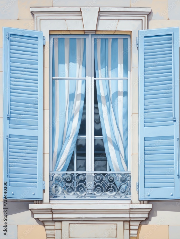 A realistic painting depicting a window with vibrant blue shutters. The ...