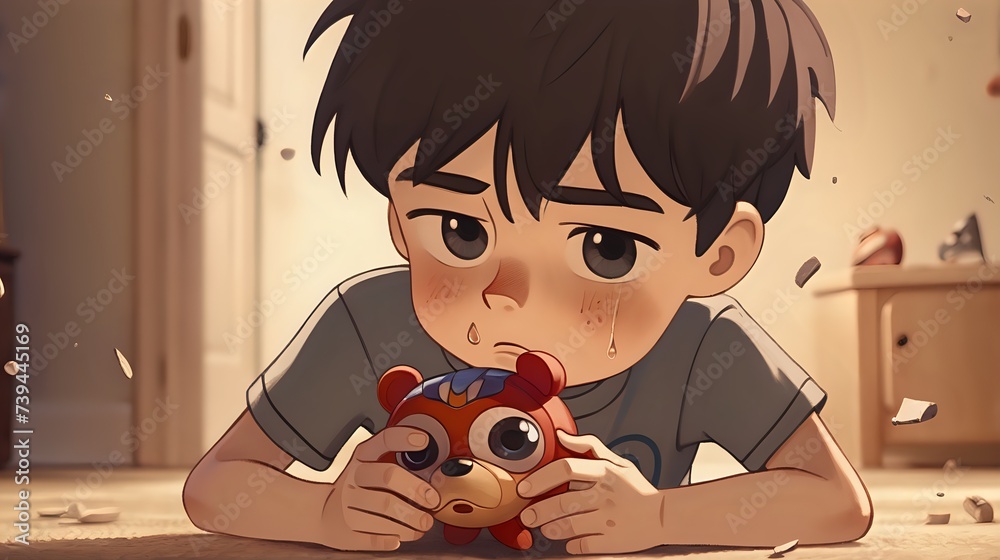 An animated boy holding a broken toy with a tearful gaze, symbolizing ...