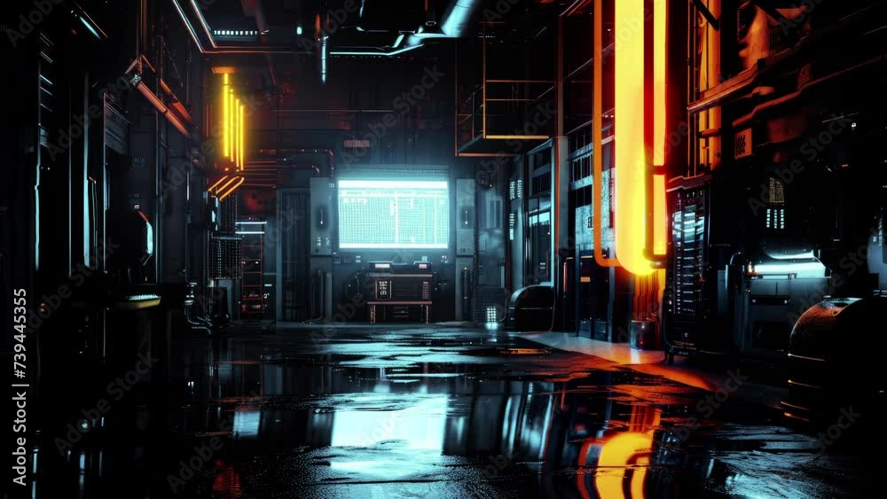 cyberpunk control room style, Metallic structures line the walls ...