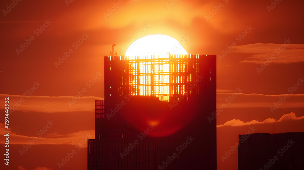 The silhouette of a skyscraper office building against a setting sun ...