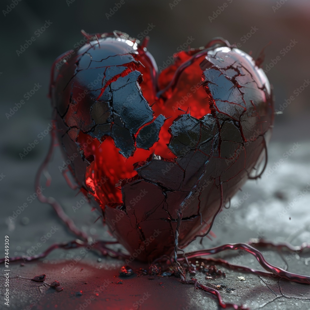 3D rendered broken heart with deep red cracks on a dark abstract ...