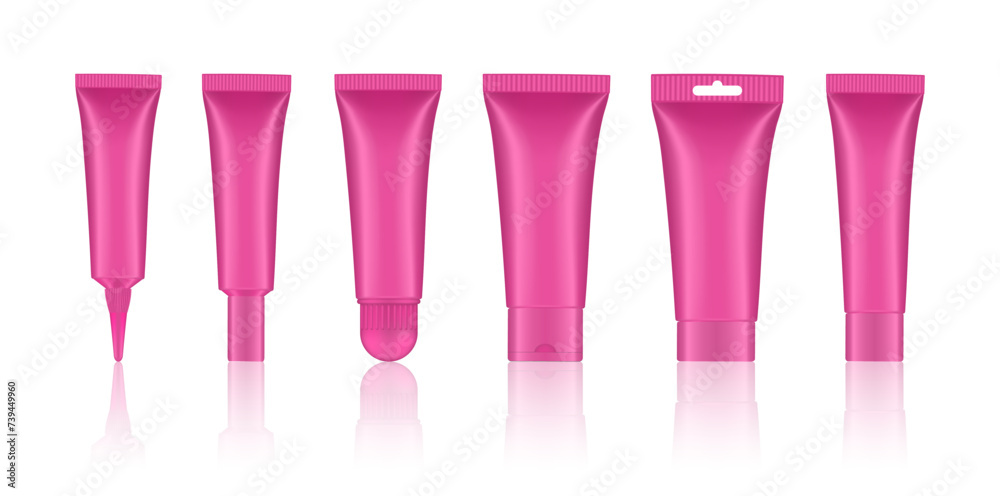 Set of pink cosmetic tubes. Closed blank tubes with caps. Realistic ...