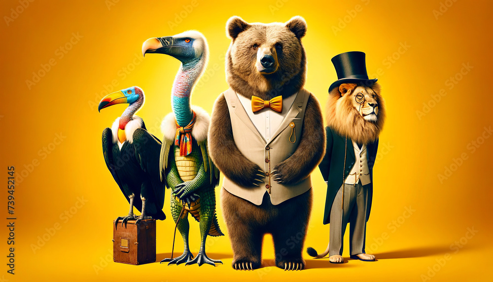 Anthropomorphic animals dressed in elegant clothing stand in a line ...