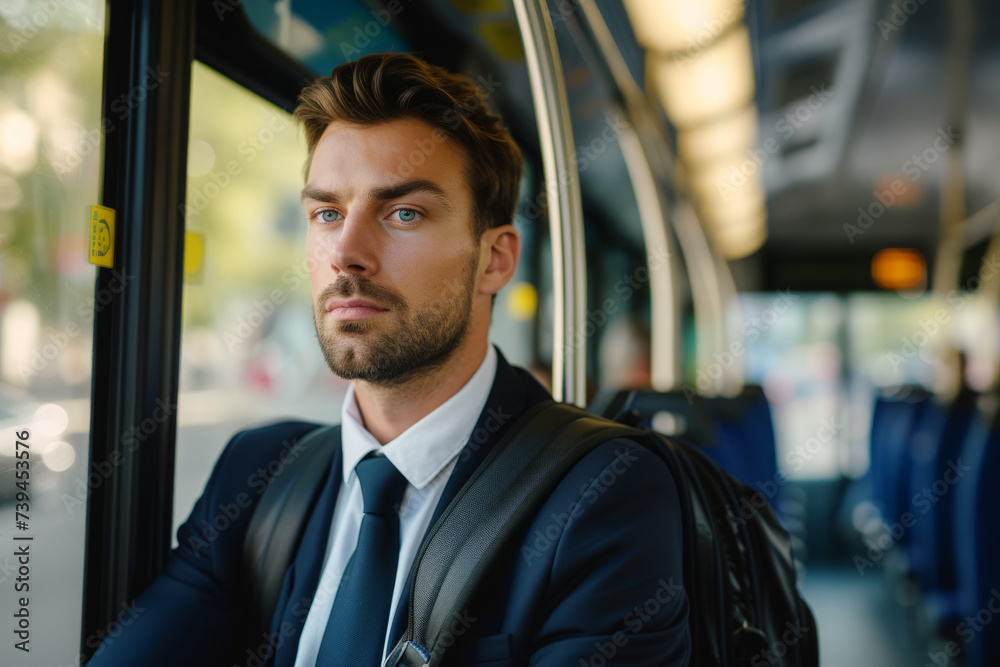 Handsome man rides bus to work, Stylish modern man in formal suit and ...