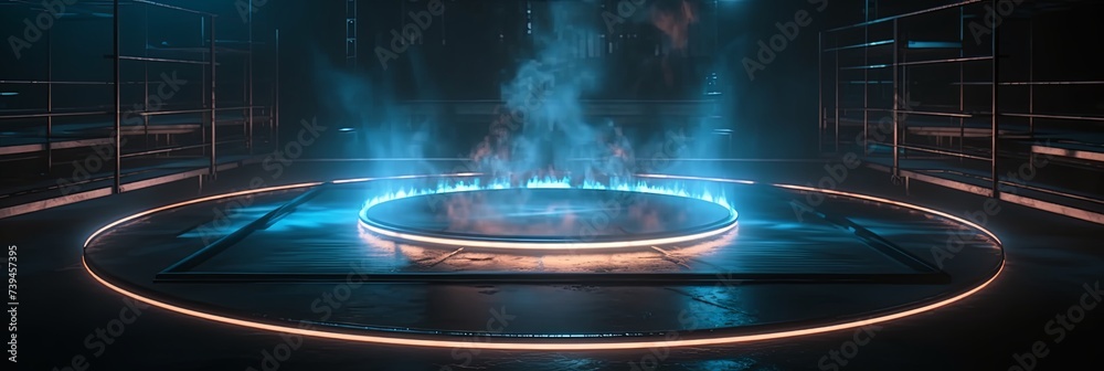 Round stage podium in form of burning burner with smoke. Blue and smoky ...