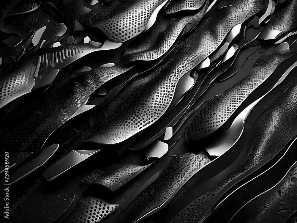 composition of futuristic, dark pieces against a background design of ...