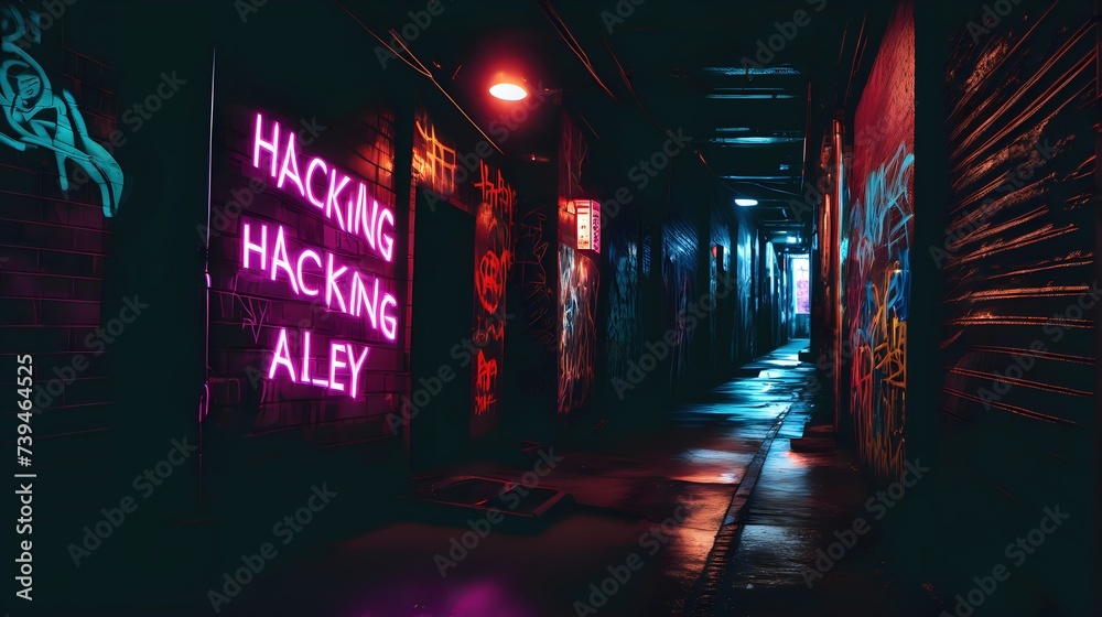 A dark alley lit by neon signs, with graffiti depicting hacking symbols ...