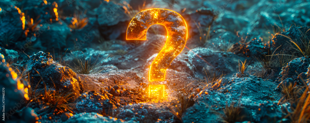 Glowing golden question mark illuminating rocky terrain, symbolizing ...