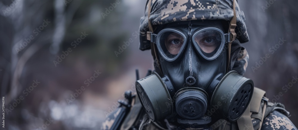 Brave soldier with gas mask standing in smoke, ready for battle in ...