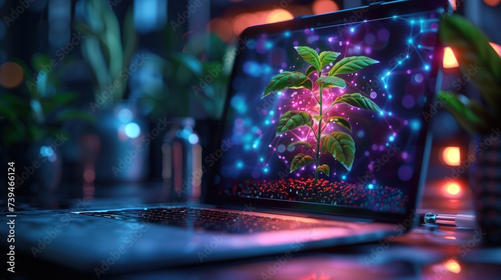 A female biologist stands and looks at a digital computer screen ...