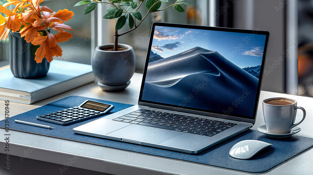 Digital workspace with laptop, computer mouse, calculator and a cup of ...