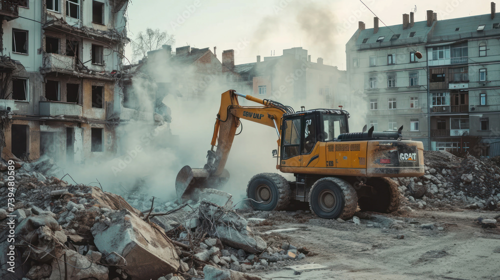 A bulldozer demolishes houses. Demolition of illegal and unsafe ...