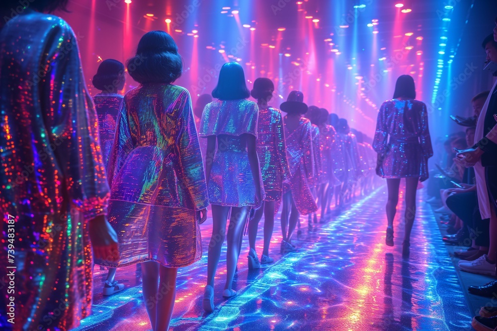 Models in sparkling dresses walking a runway bathed in radiant neon ...