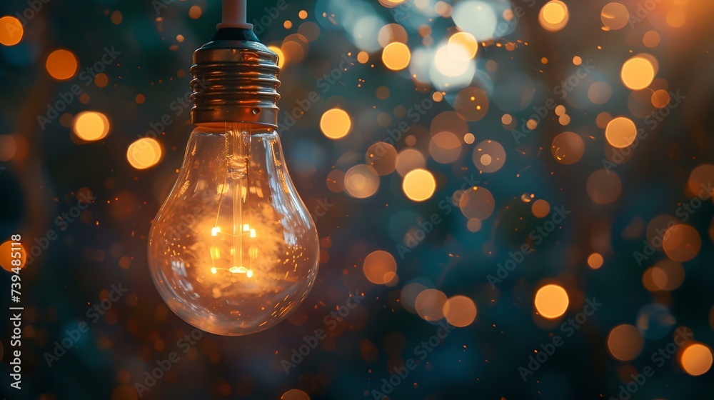 Glowing incandescent bulb against a backdrop of sparkling lights. idea concept, energy theme ...