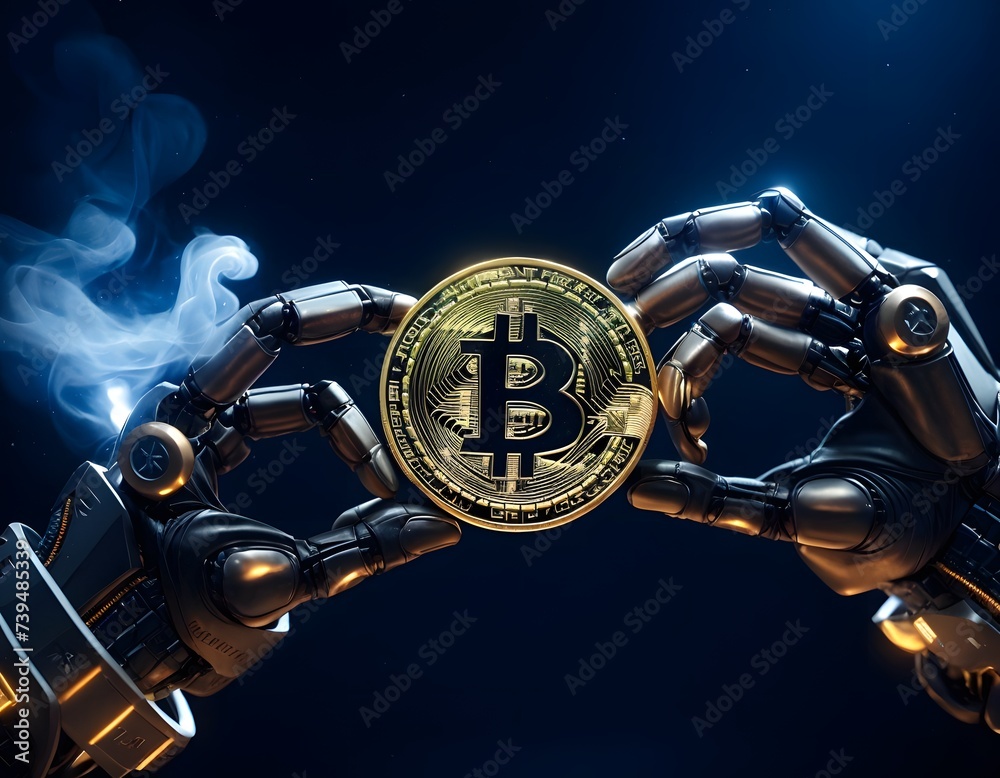 The robot is holding a bitcoin made of titanium, resembling a fashion ...