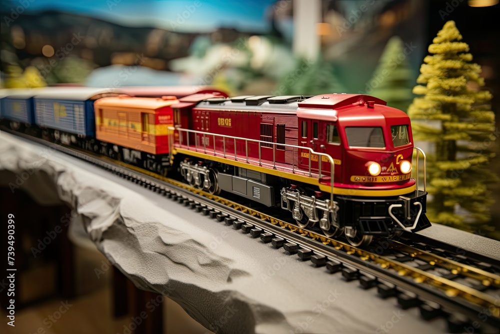 Miniature model of a train on the background of the Christmas trees ...