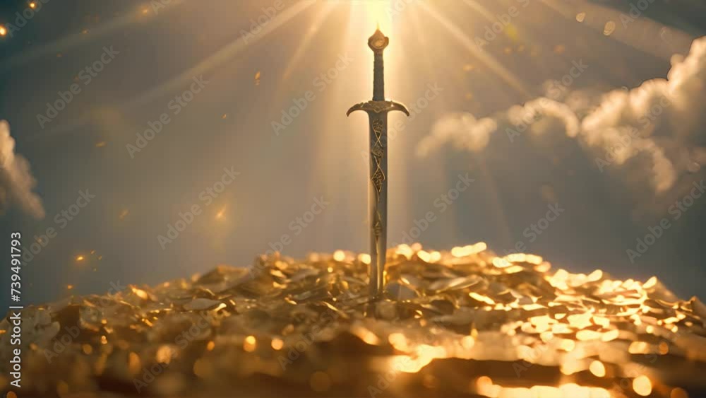 Vidéo Stock Sharp sword is prominently displayed on mound of shimmering ...