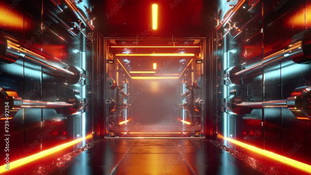 cyberpunk corridor with red light theme, A sleek and luminous ...
