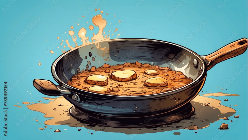 Dirty frying pan with burnt food on blue background. Burned oil. Fried ...