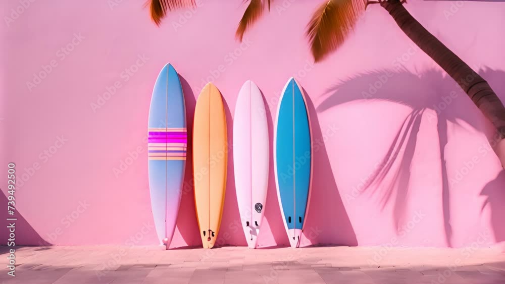 Vidéo Stock Three surfboards of various colors and designs are neatly ...