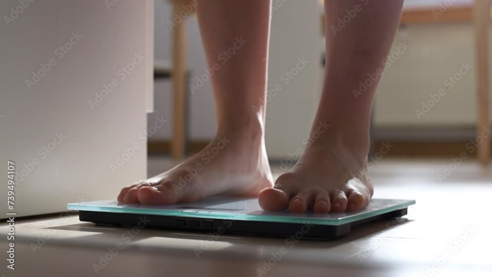 Vidéo Stock Woman On Scales Measure Weight.Human Barefoot Measuring ...