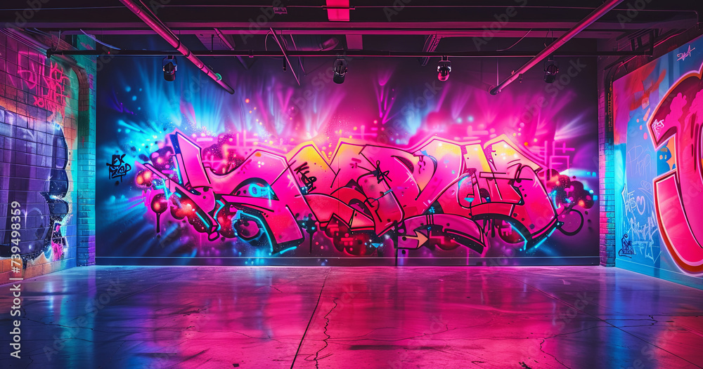 An urban wall comes alive under the glow of neon lights, showcasing ...